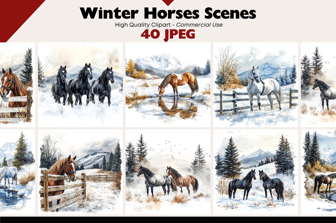 Winter Horses Scene Watercolor JPEG Graphics Commercial Use Snowy ...
