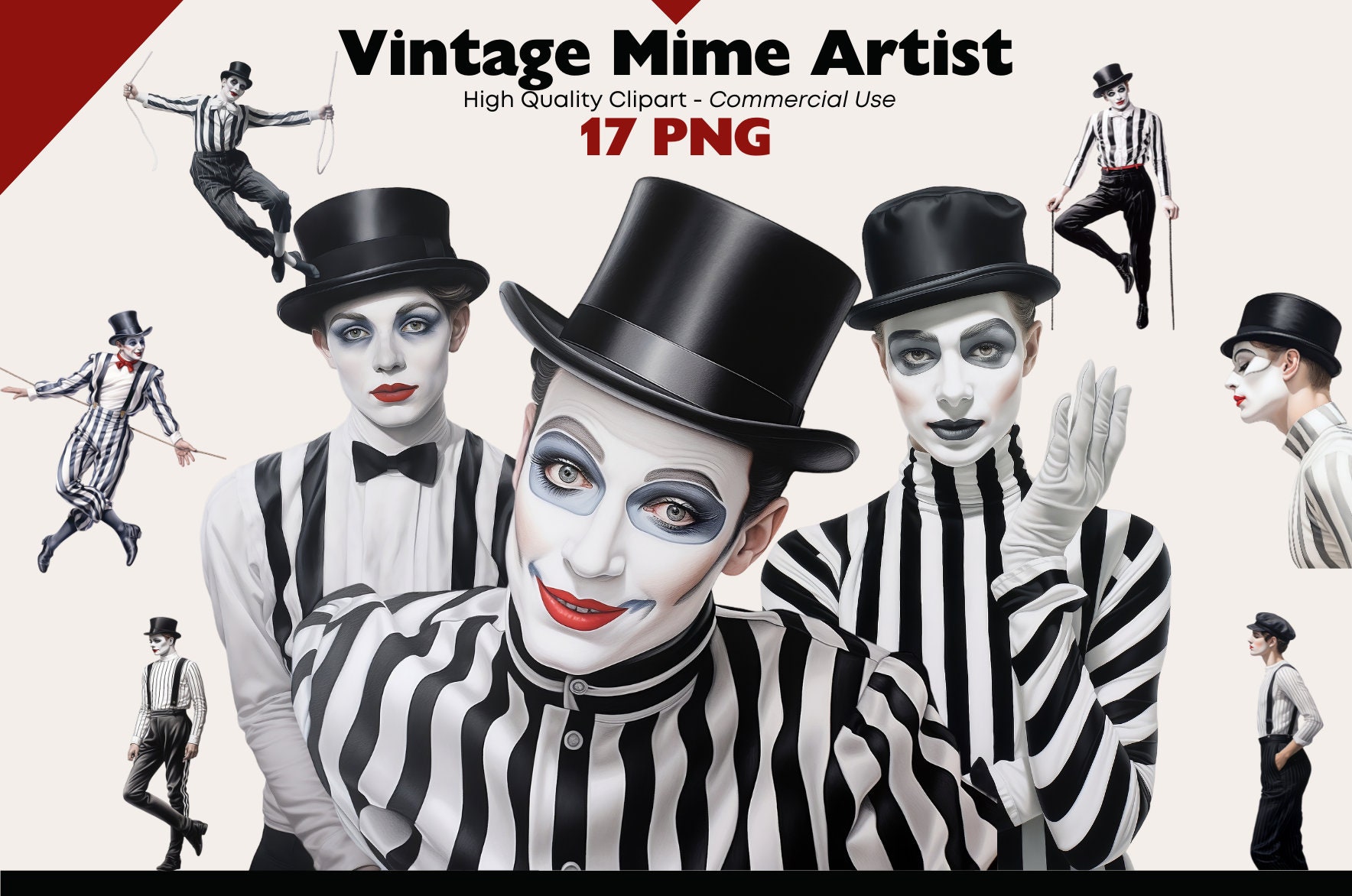 Mime Artist Clipart Bundle Vintage Performer Watercolor PNG - Etsy