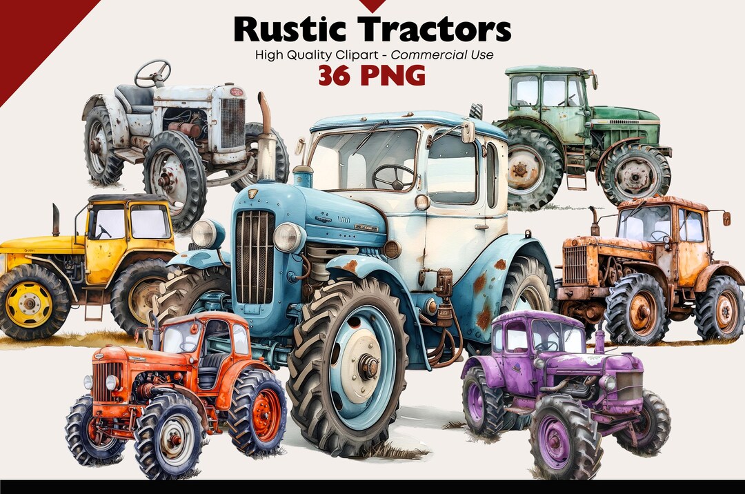 Rustic Tractors Clipart Bundle Country Farm Watercolor Tractor Png ...