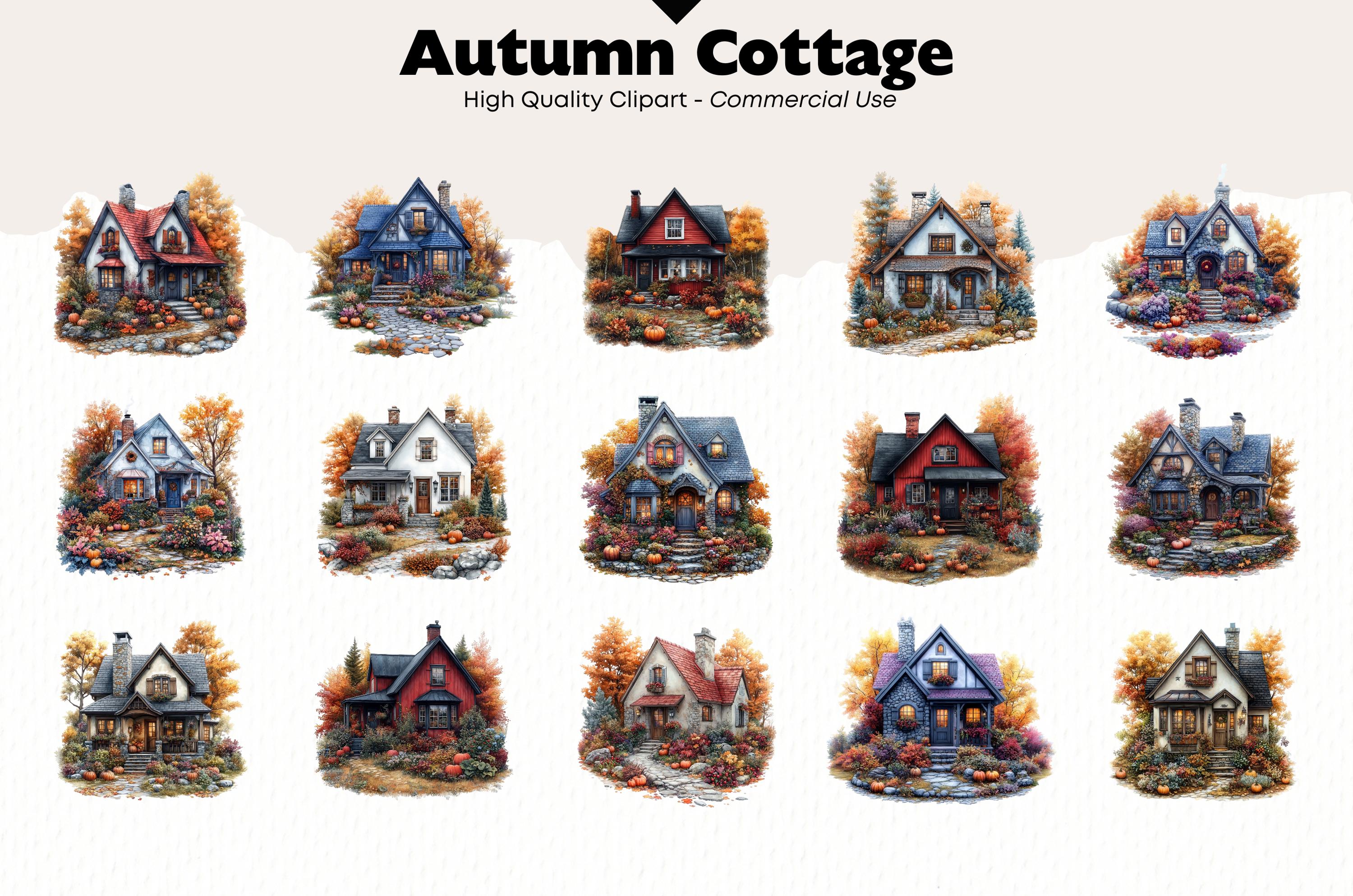 Autumn Cottage Clipart Bundle Fall Watercolor Countryside House Png ...