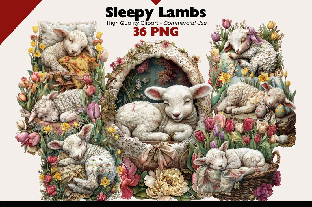 Sleepy Lambs Clipart Clipart Bundle, Cute Animal Png, Watercolor Lamb ...