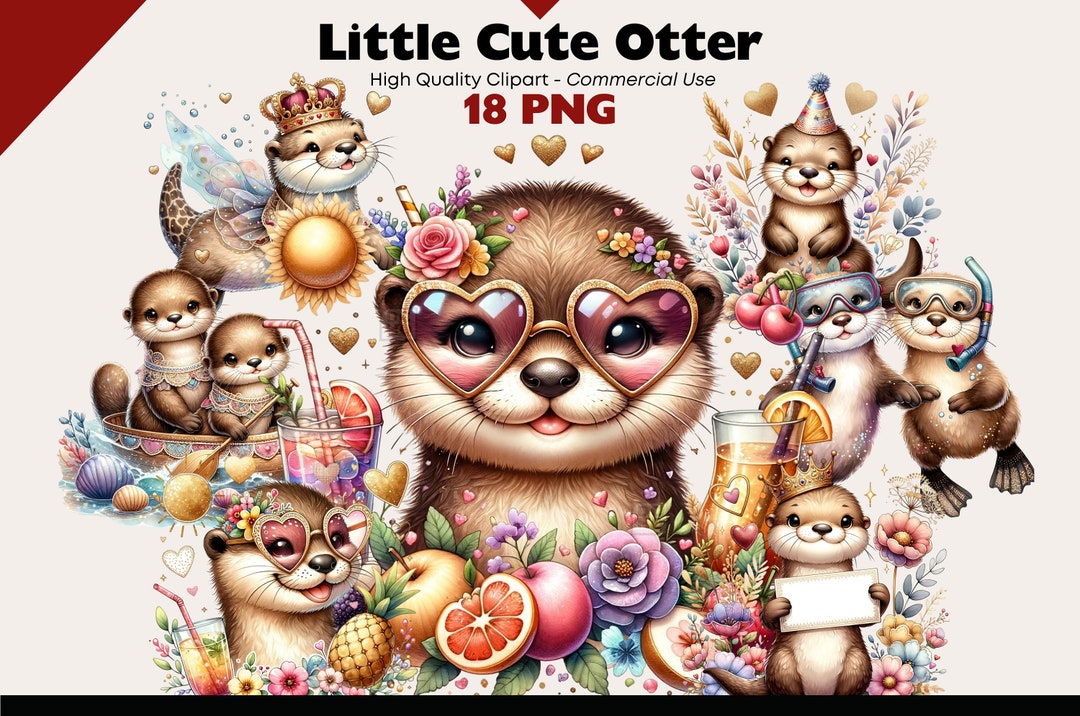 Cute Otter Clipart Bundle Watercolor Tropical Otter Graphics Digital ...