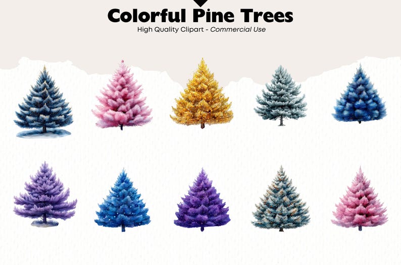 Colorful Pine Trees Clipart Bundle Watercolor Winter Gold Pine PNG ...