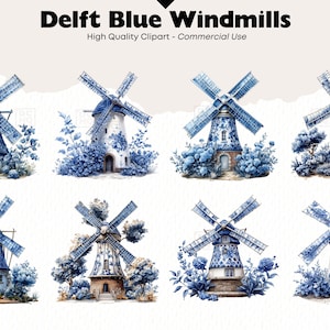 Delft Blue Windmill Clipart Bundle Vintage Floral Blue Delft Style ...