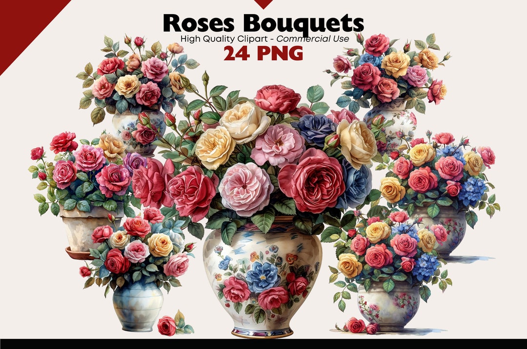 Vintage Roses Bouquet Clipart Bundle, Colorful Queen Roses Watercolor ...
