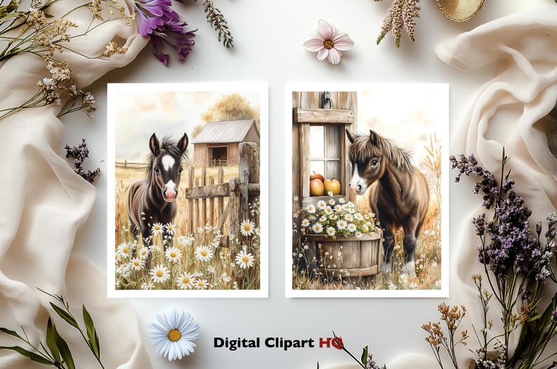 Little Farm Horse Clipart JPEG, Baby Horse With Daisies, Cute Pony Farm ...