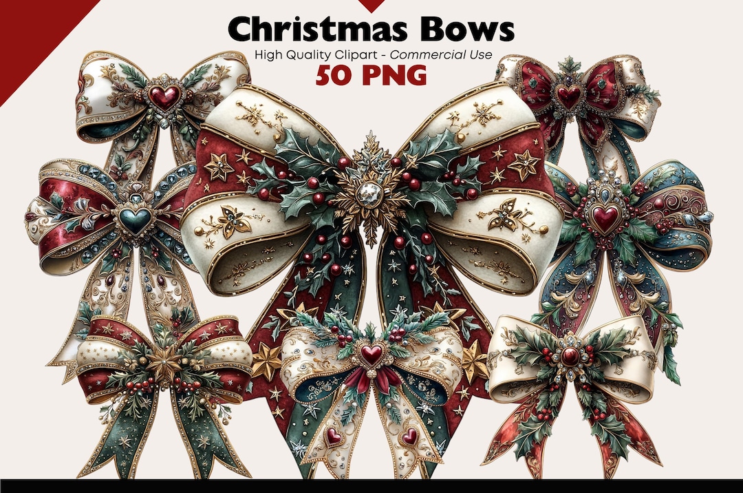 Christmas Bows Clipart Bundle Traditional Winter Graphics Digital ...