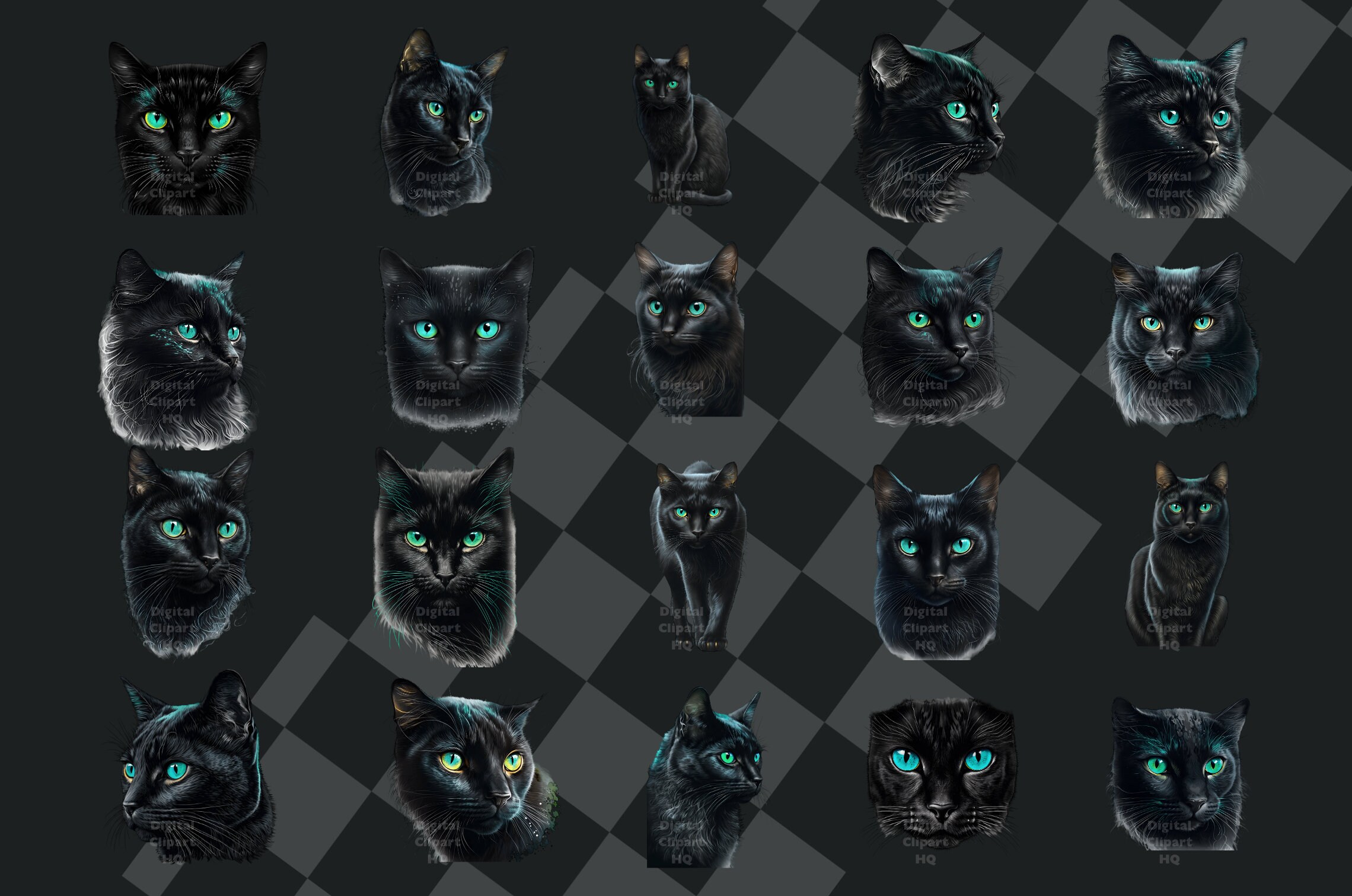 Watercolor Black Cat With Azure Blue Eyes Clipart Bundle, Turquoise Eye ...