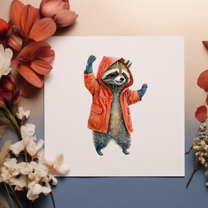 Rainy Raccoon Clipart Bundle, Watercolor Red Raincoat Clipart Graphics ...