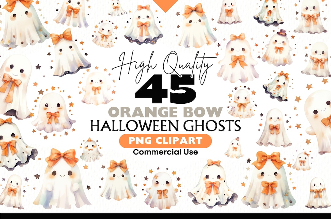 Orange Cute Ghosts Clipart Bundle Watercolor Spooky Halloween PNG ...
