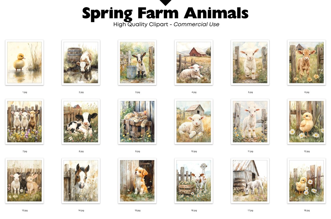 Spring Farm Animals Clipart JPEG, Floral Summer Animals, Rustic Farm ...