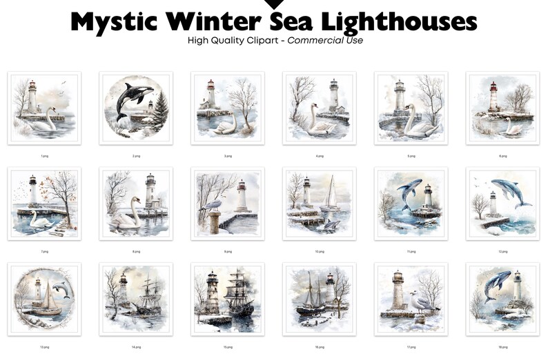 Winter Lighthouse Scene Clipart, Coastal Christmas Digital Art, Snowy ...