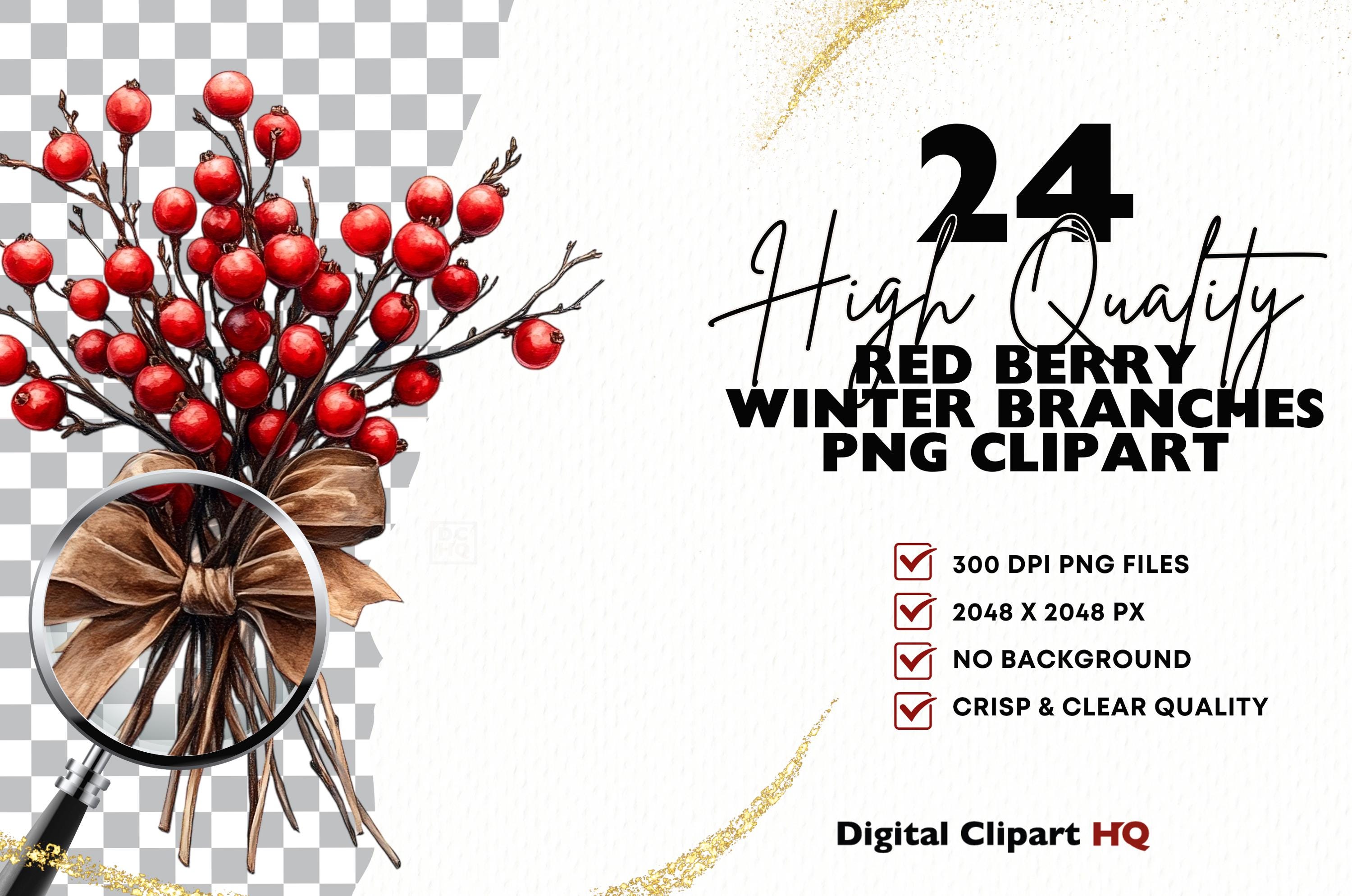 Red Berry Branch Clipart Bundle Watercolor Winter Branches PNG Holiday ...