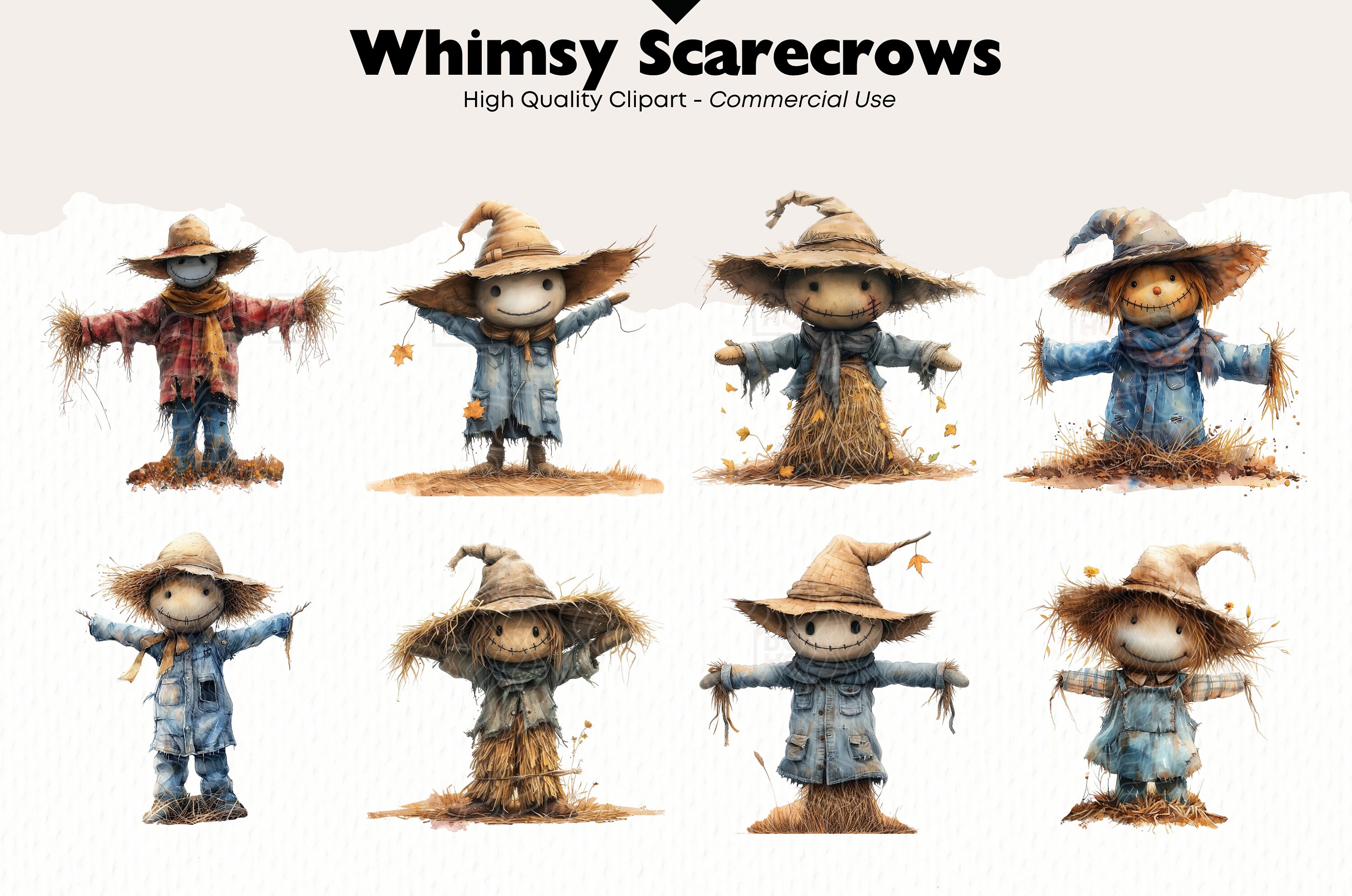 Whimsy Scarecrow Clipart Bundle Farm PNG Autumn Scarecrow Watercolor ...