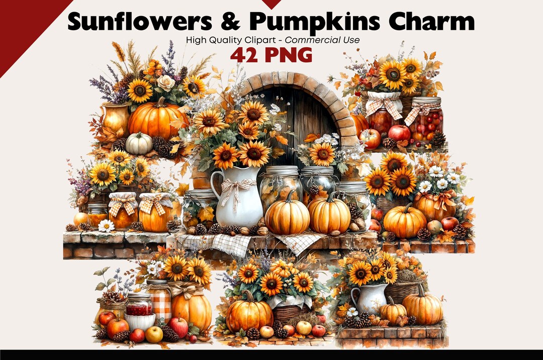 Sunflowers and Pumpkins Clipart, 42 PNG Rustic Fall Harvest ...