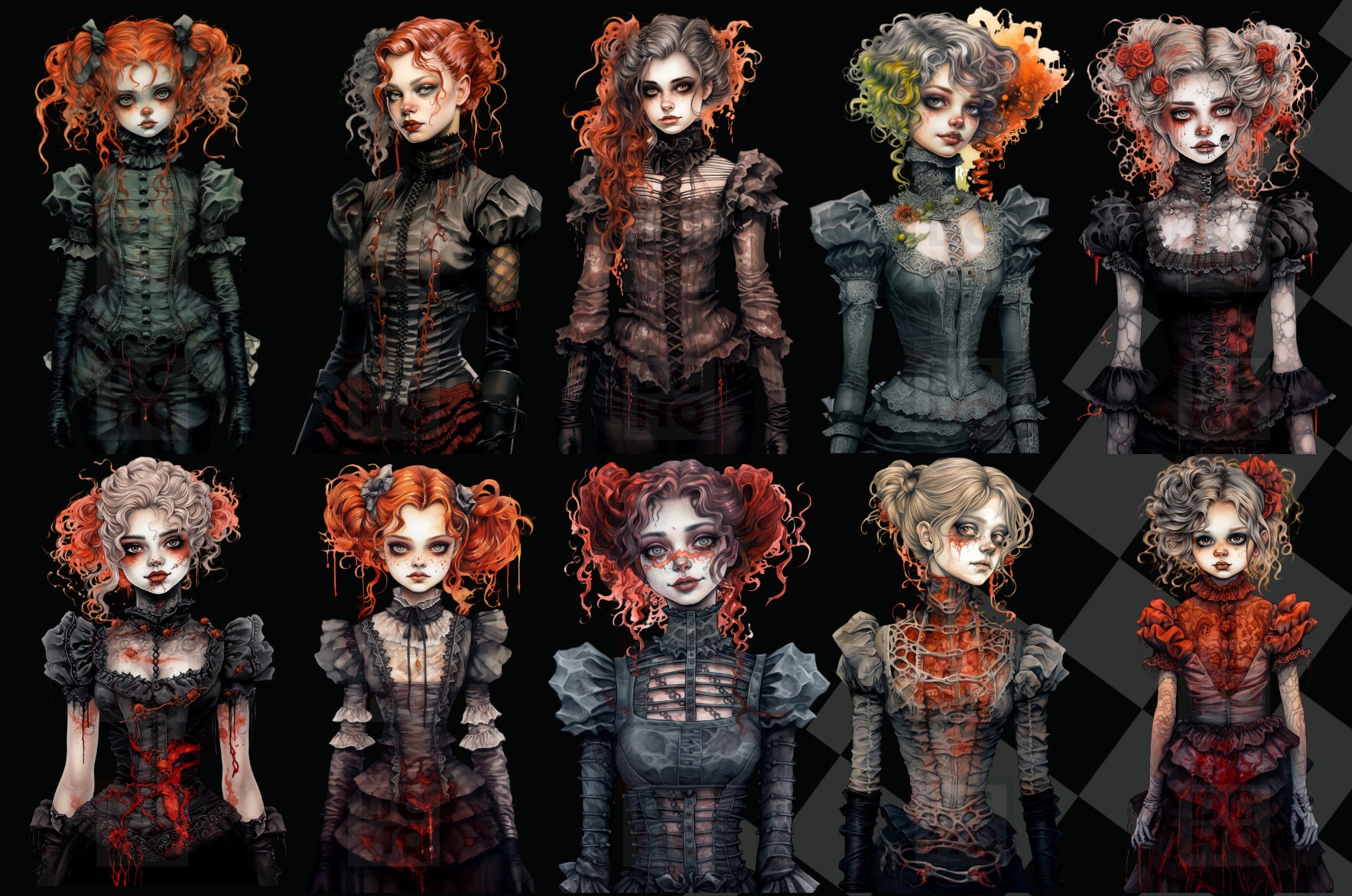 Gothic Zombie Girls Clipart Bundle, Halloween Goth Watercolor, Vintage ...
