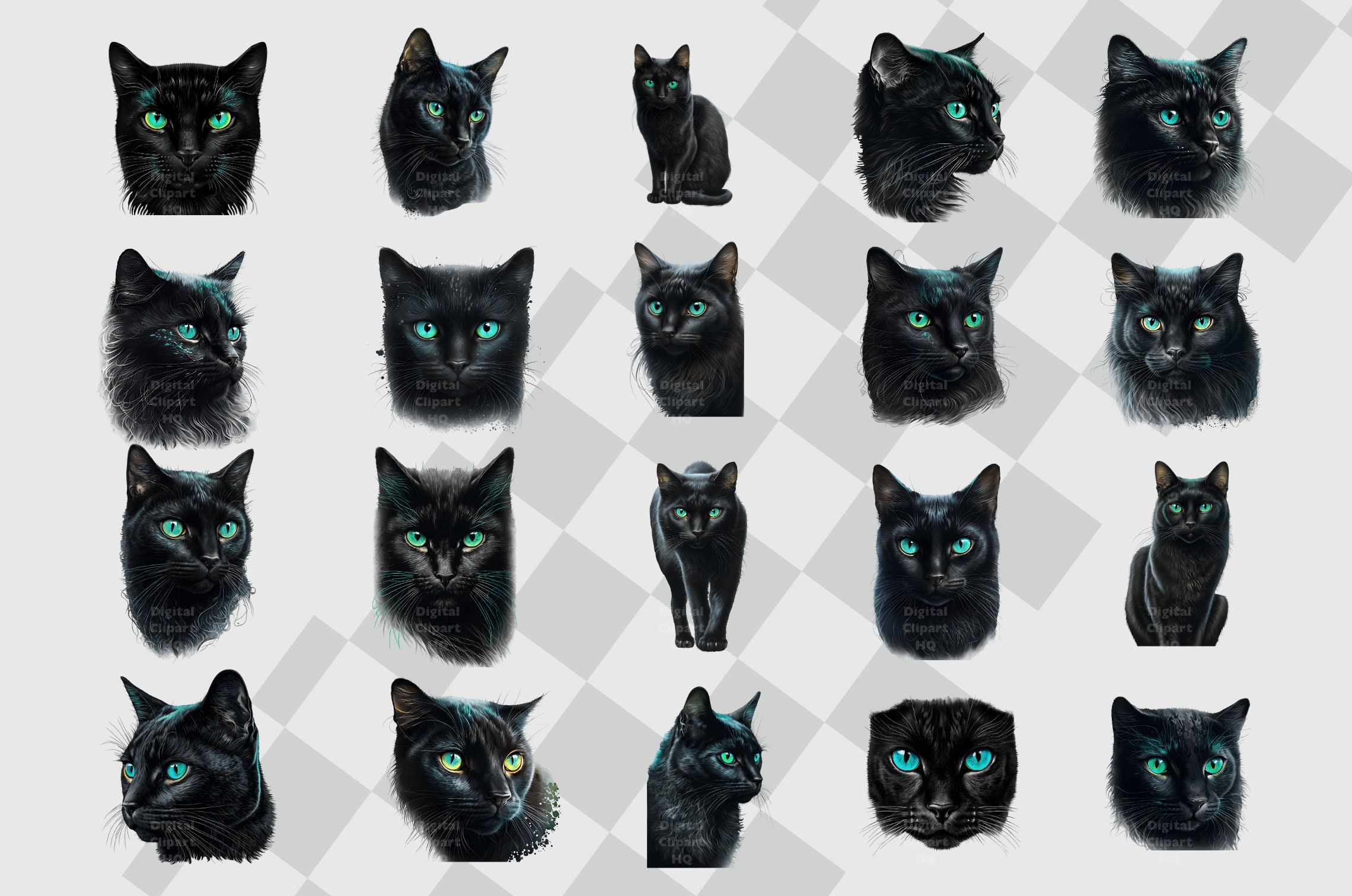 Watercolor Black Cat With Azure Blue Eyes Clipart Bundle, Turquoise Eye ...