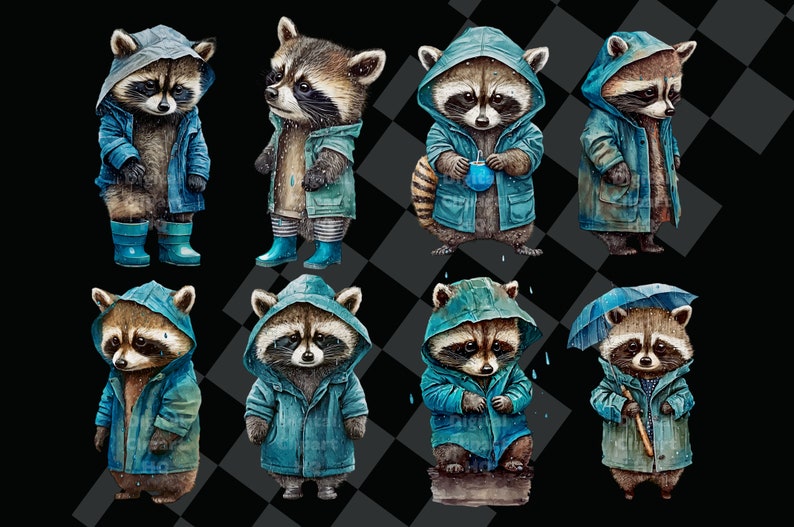 Rainy Raccoon Clipart Bundle, Blue Raincoat Raccoon Watercolor Clipart ...