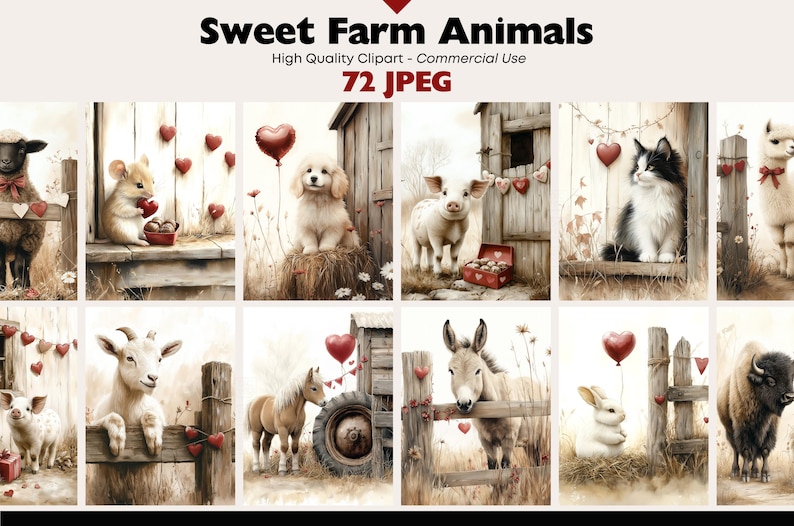 Sweet Farm Animals Clipart, Valentine Farm Animals, Cute Farm Animals ...