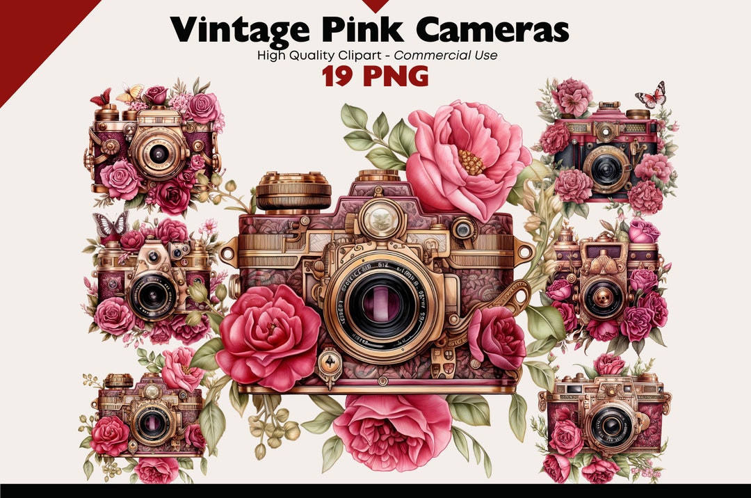 Vintage Camera Clipart Bundle, Pink Floral Camera Watercolor PNG, Retro ...