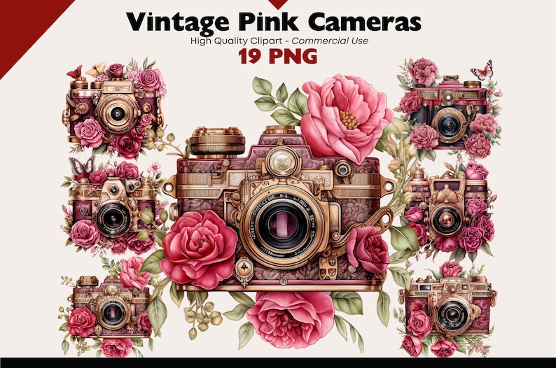 Vintage Camera Clipart Bundle, Pink Floral Camera Watercolor PNG, Retro ...
