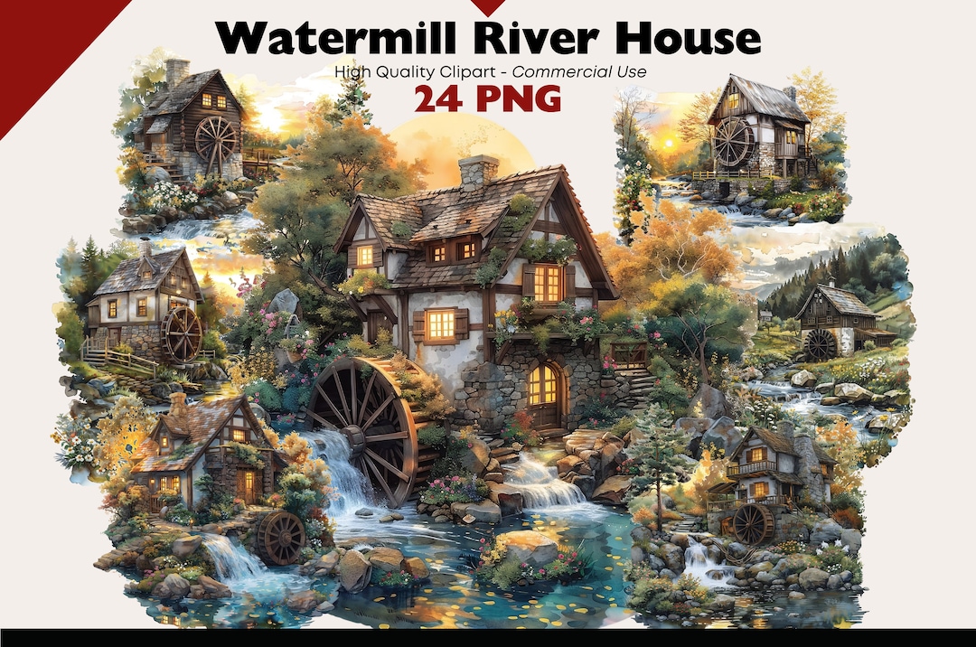 Watermill Clipart Bundle, Nature Landscape Watercolor, River House ...