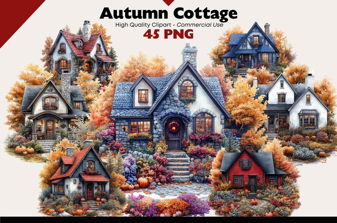 Autumn Cottage Clipart Bundle Fall Watercolor Countryside House Png ...