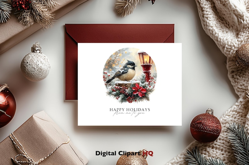 Christmas Chickadees Clipart, Winter Bird Lantern Scenes, Snowy Holiday ...