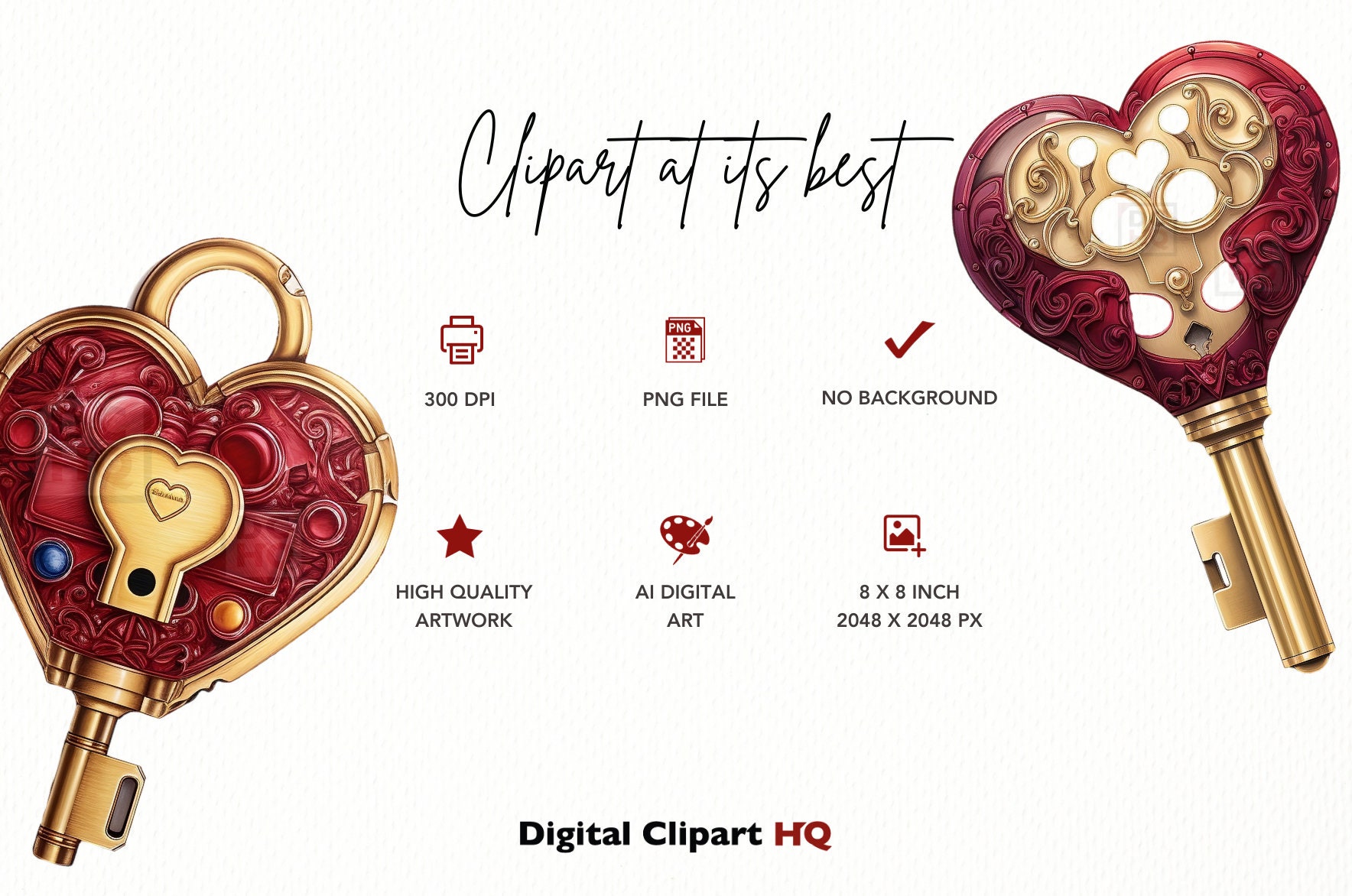 Lock and Key Clipart Bundle, Heart Lock PNG, Romantic Clip Art, Key to ...