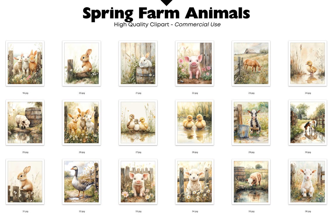 Spring Farm Animals Clipart JPEG, Floral Summer Animals, Rustic Farm ...