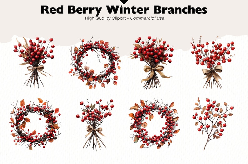 Red Berry Branch Clipart Bundle Watercolor Winter Branches PNG Holiday ...