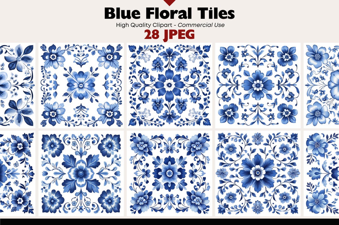 Blue Floral Tiles Clipart, Delft Blue Tile Patterns, Blue Flower Tile ...