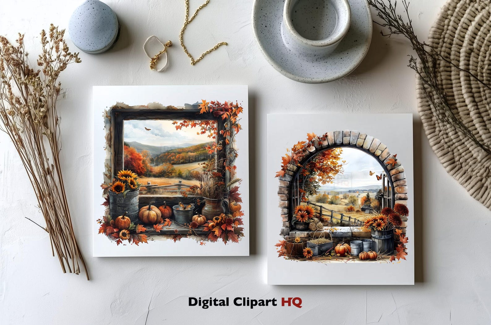 Autumn Farmhouse Window Clipart Bundle Landscape Watercolor Fall Window ...