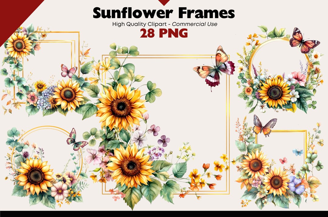 Sunflower Frames Clipart, 28 PNG Floral Gold Border, Autumn Flower ...