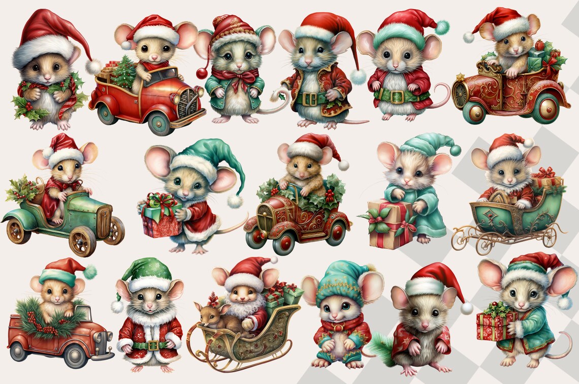 Cute Christmas Mouse Clipart, Mice in Car Watercolor, Christmas Gift ...