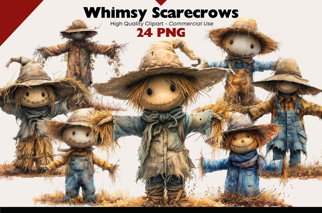 Whimsy Scarecrow Clipart Bundle Farm PNG Autumn Scarecrow Watercolor ...