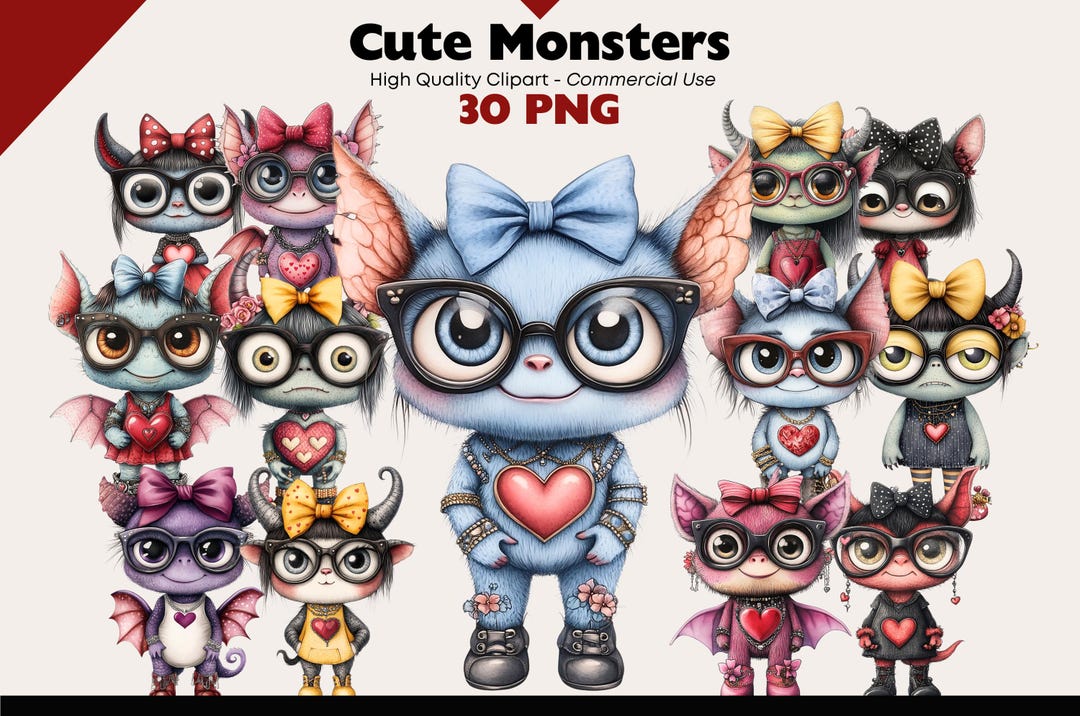 Cute Monster Clip Art – 30 Kawaii PNG Monsters for Stickers, Kids Wall ...