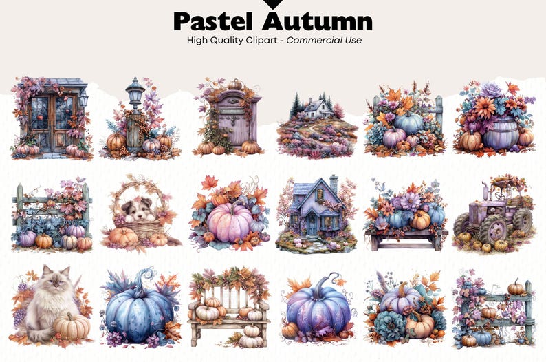 Pastel Autumn PNG Clipart Big Bundle Watercolor Pastel Halloween PNG ...