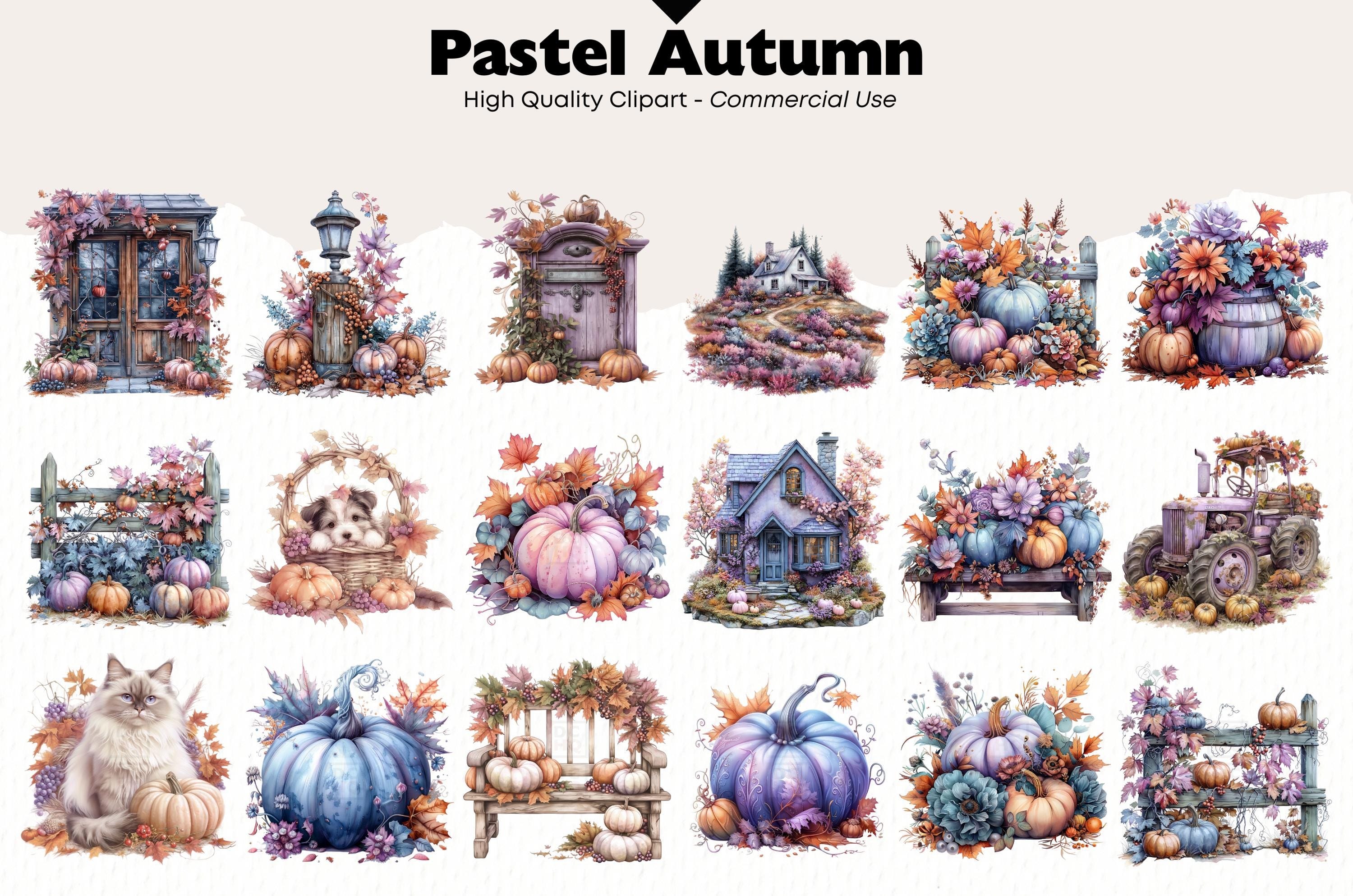 Pastel Autumn PNG Clipart Big Bundle Watercolor Pastel Halloween PNG ...