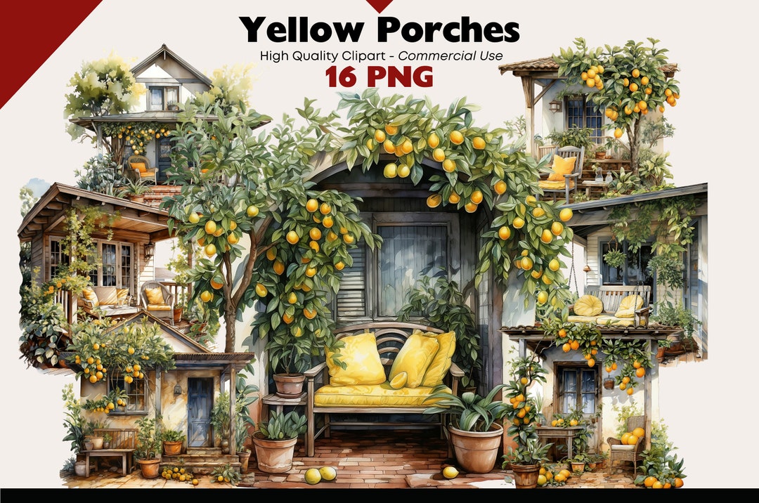 Farmhouse Porch Clipart, Yellow Porch Watercolor, Cozy Porch PNG ...