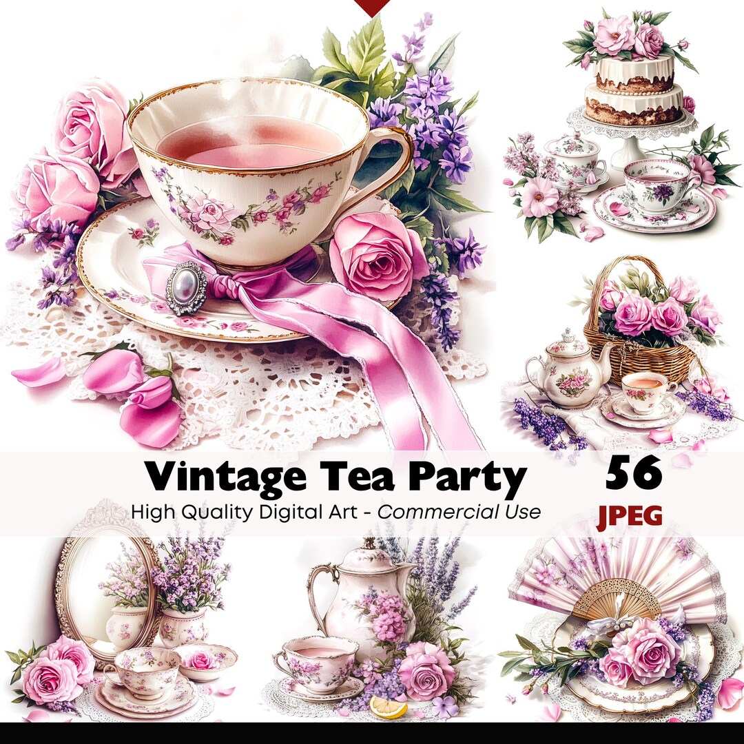 Vintage Tea Party Clipart, Watercolor Shabby Chic JPEG Illustrations ...