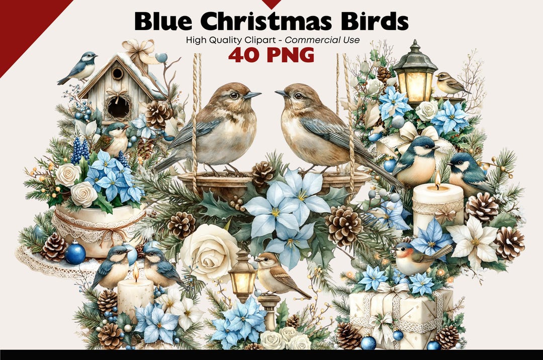 Blue Christmas Bird Clipart Bundle Winter Bird Watercolor PNG Birds on ...