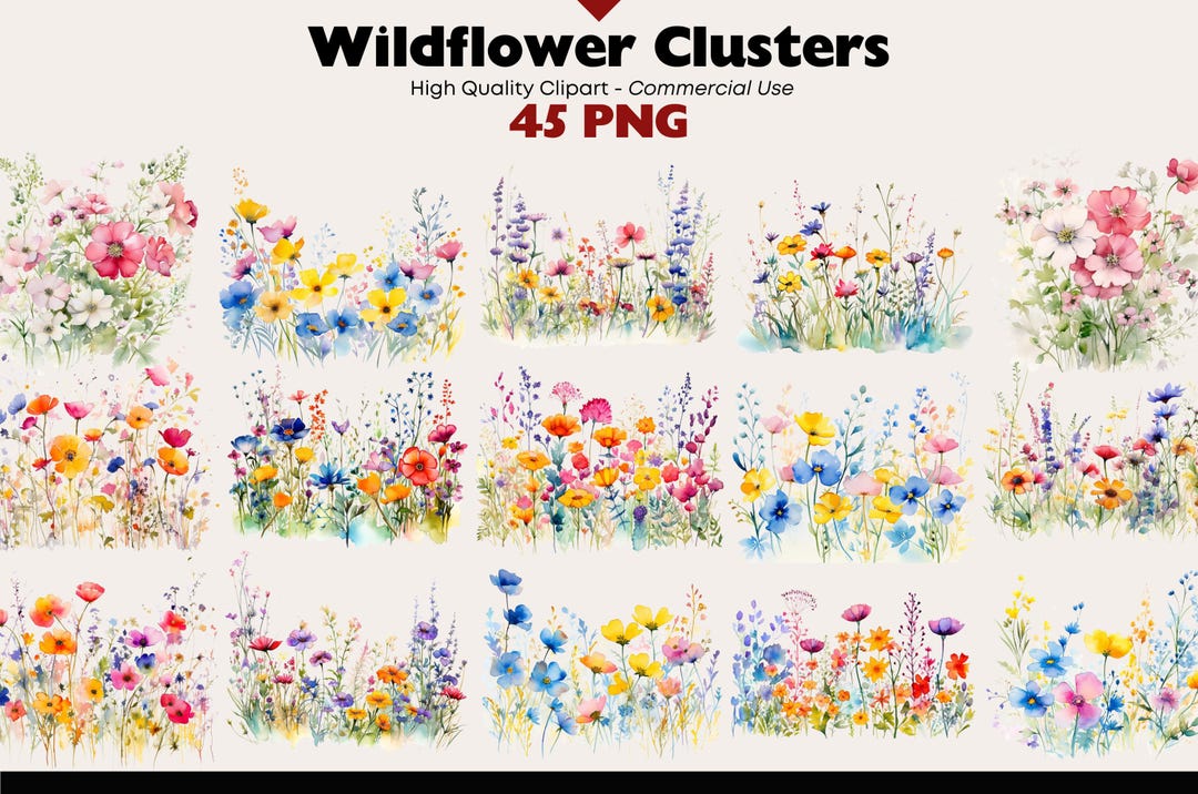 Wildflower Clipart PNG Bundle, 45 Watercolor Floral Clusters, Spring ...