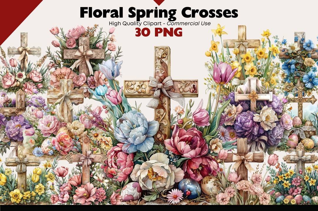 Spring Floral Cross Clipart Bundle, Easter Flower Cross PNG, Bright ...