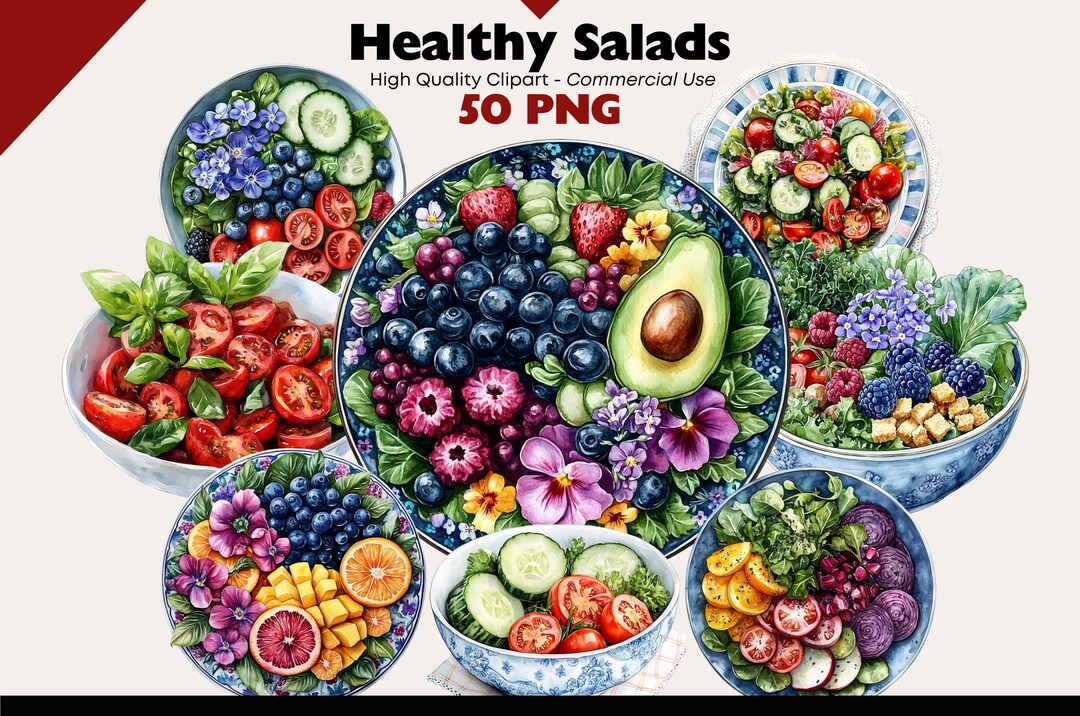 Healthy Salad Clipart Bundle Watercolor Wholesome Meal PNG Fruit Salad ...