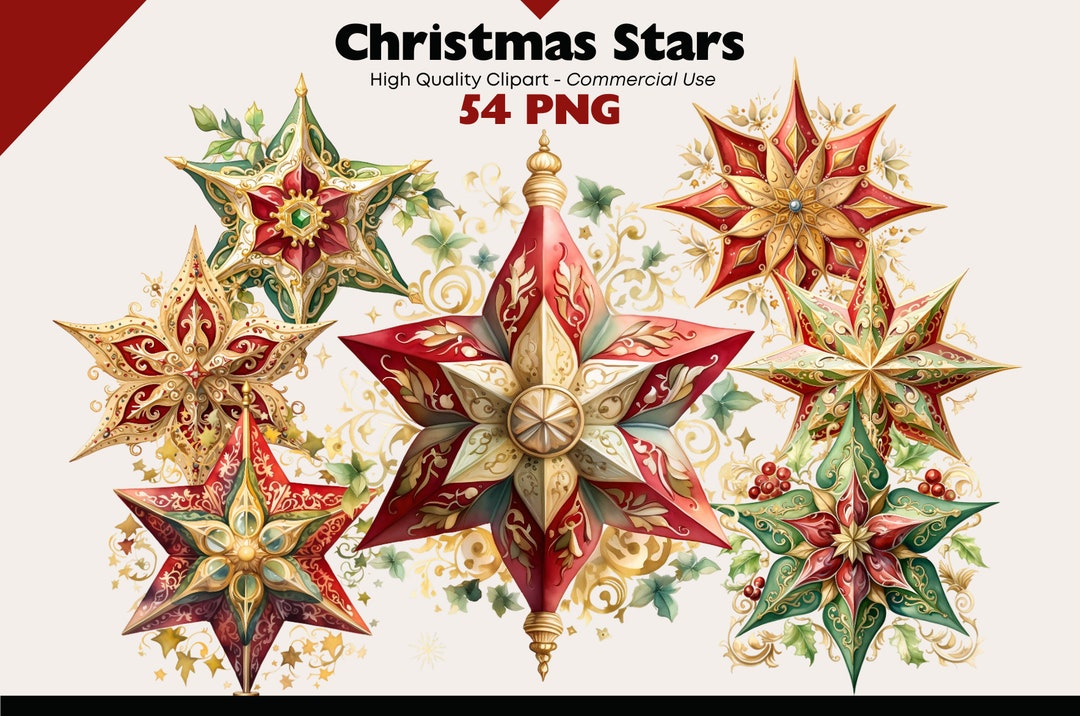 Christmas Star Clipart Bundle, Christmas Ornaments Watercolor, Cute ...
