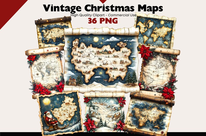 Vintage Christmas Map Clipart PNG, Holiday Treasure Map PNG, Santa Map ...