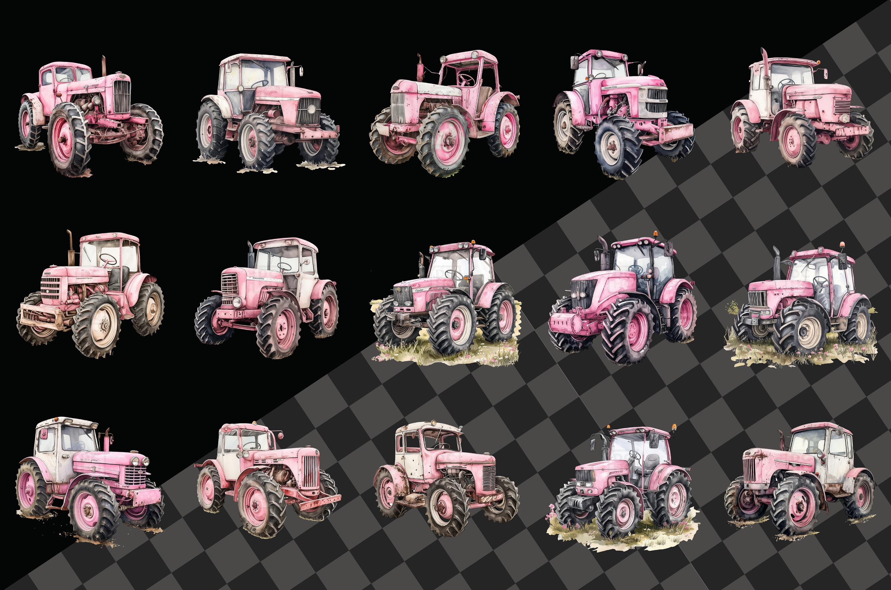 Pink Tractor Clipart Bundle, Cute Farm Vehicle PNG, Rustic Tractor ...