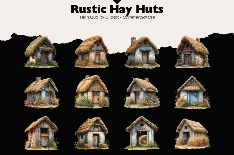 Rustic Hay Huts Clipart Bundle, Countryside Hay House Watercolor, Rural ...