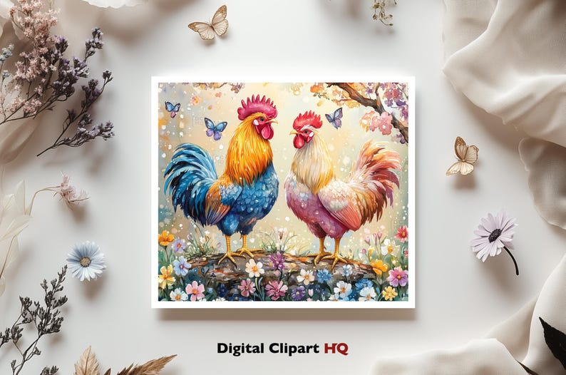 Rooster Clipart JPEG PNG Bundle, Spring Garden Rooster Scenes, Colorful ...